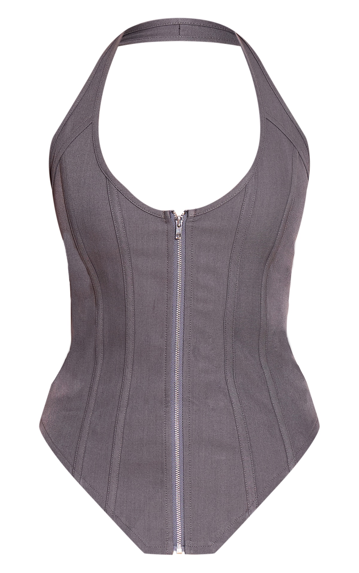 Charcoal Boned Dip Hem Corset | Tops | PLT