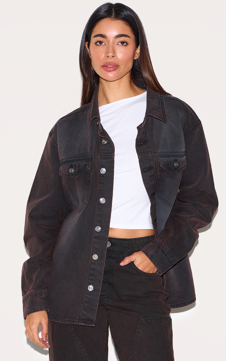 Dark Chocolate Boxy Fit Denim Shacket | Denim | PrettyLittleThing KSA