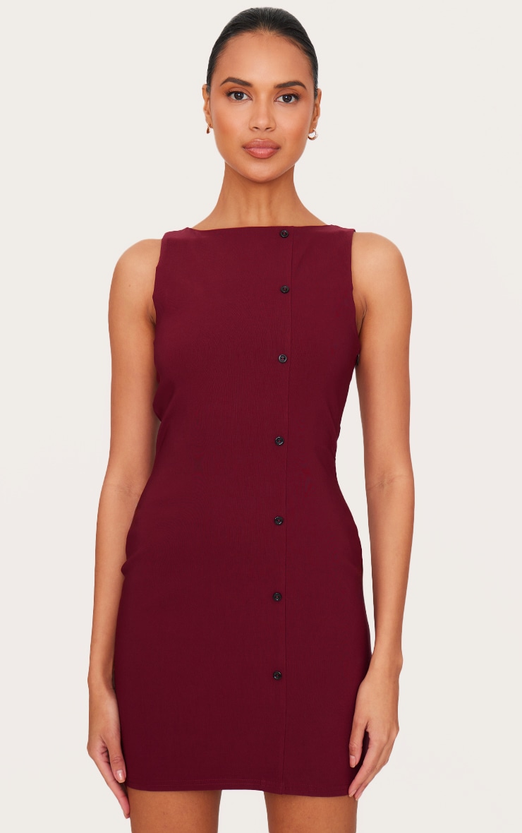 Burgundy Stretch Woven Button Down Shift Dress | Dresses | PLT