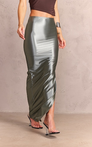 Charcoal Green Stretch Satin Split Side Maxi Skirt | Bottoms | PLT