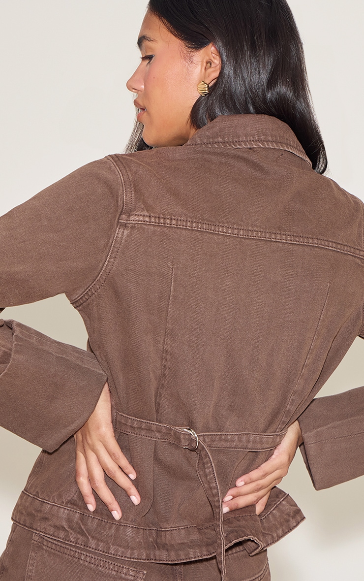 Brown Turn Up Cuff Cinched Back Denim Jacket | Denim | PLT USA