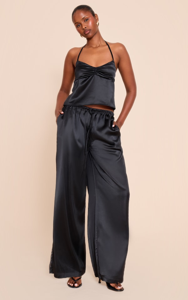 Black Satin Ruched Backless Tie Cami Top | Co-ords | PrettyLittleThing AUS