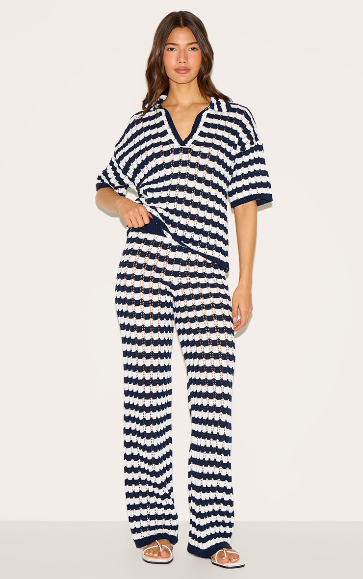 Navy Crochet Stripe Rugby Knit Top | Knitwear | PLT