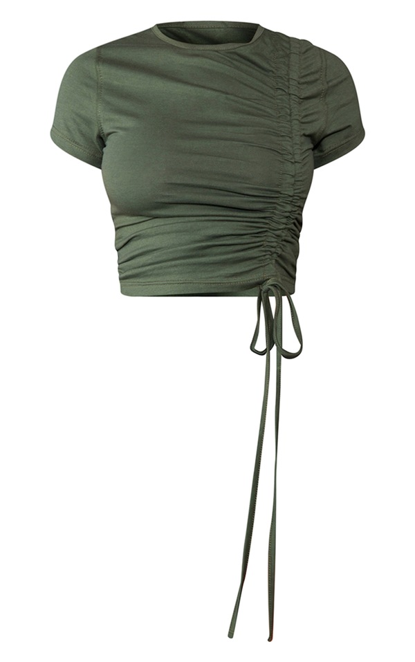 Khaki Asymmetric Ruched Drawstring T Shirt | Tops | PLT