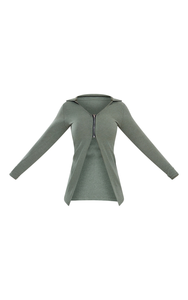 Moss Khaki Rib Zip Up Longline Collared Top | PrettyLittleThing AUS
