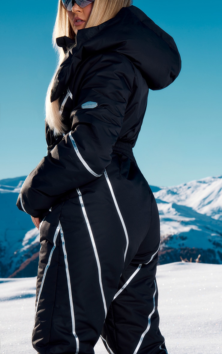 PLT SKI Black Silver Binding Belted Snowsuit | Outerwear | PLT