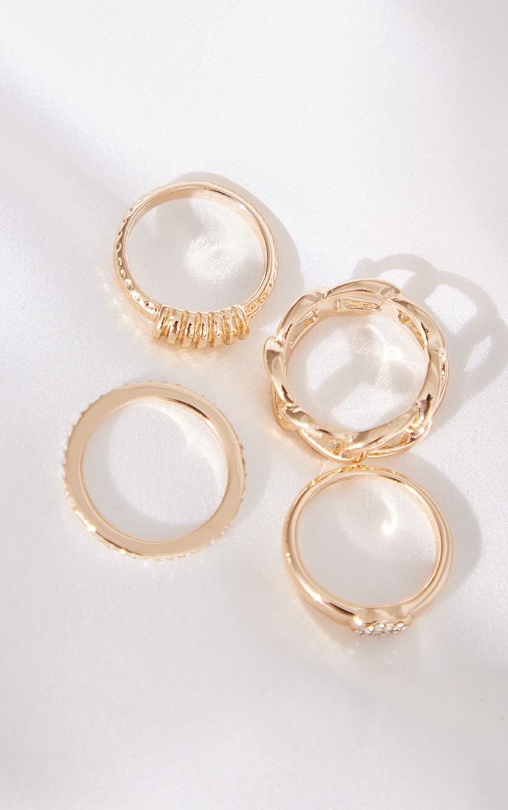 Gold Chunky Link And Diamante Assorted Ring Set | PrettyLittleThing USA