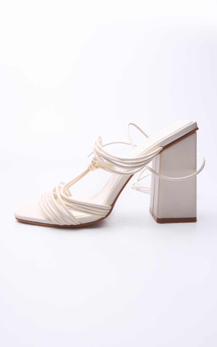 Cream PU Square Toe Strappy Block Heeled Sandals | Footwear | PLT