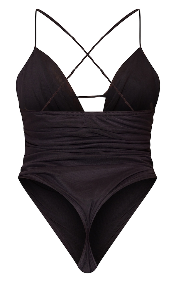 Shape Black Mesh Cowl Bralet Ruched Bodysuit | Shape | PLT