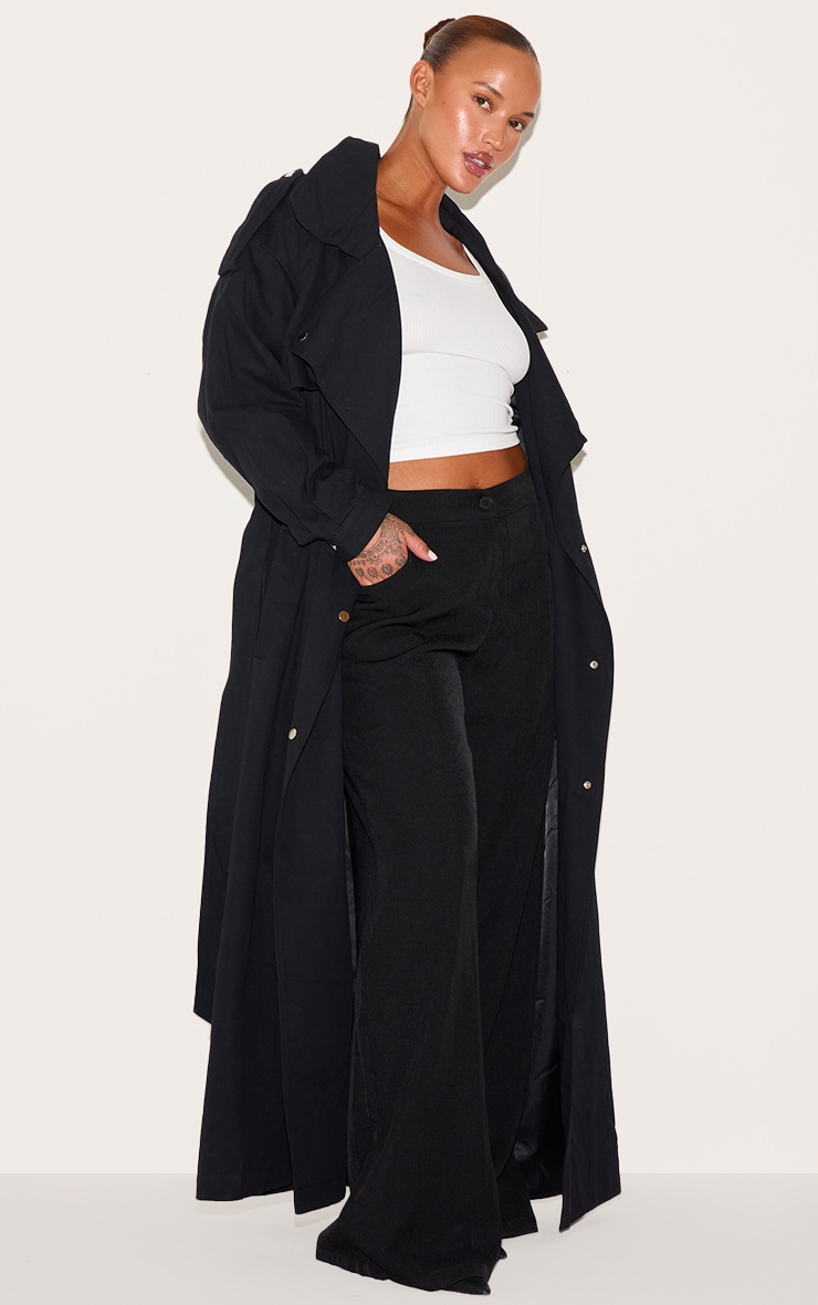 Plus Black Popper Detail Trench Coat | Plus Size | PrettyLittleThing USA
