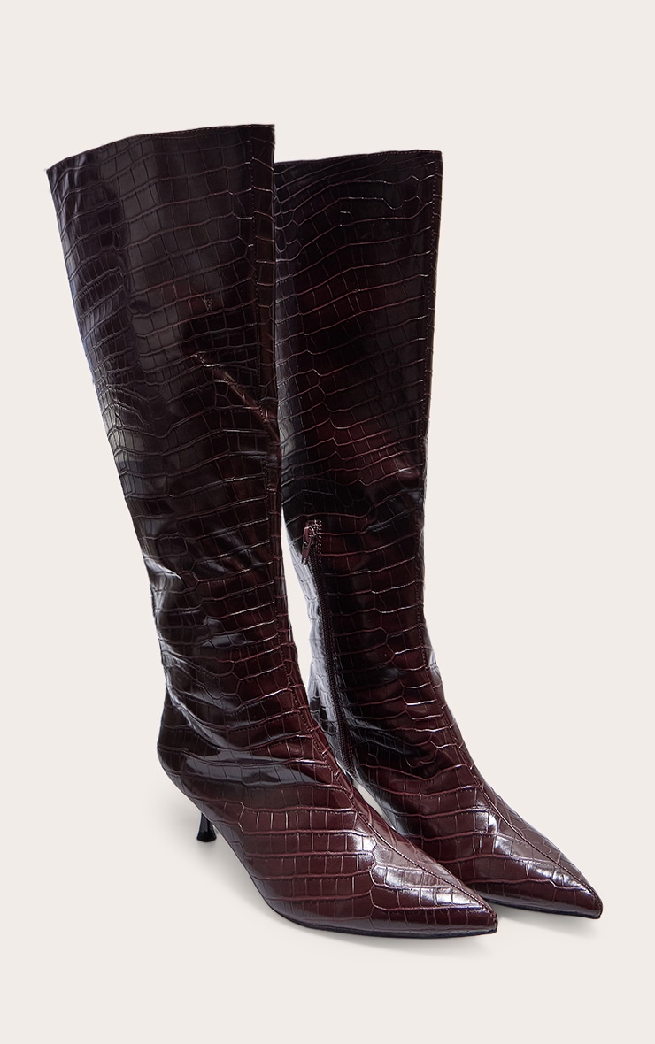Burgundy Croc Point Toe Low Heel Knee High Boots | Footwear | PLT