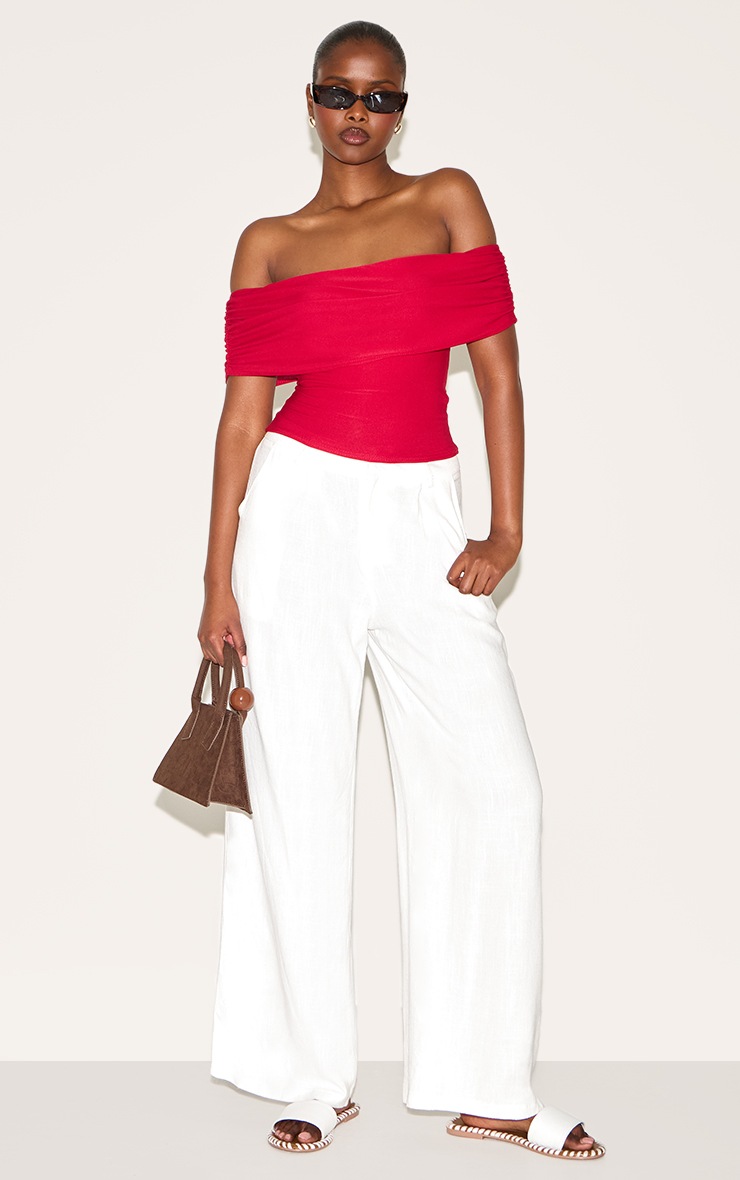 Tomato Red Bardot Fold Over Top | Tops | PrettyLittleThing USA