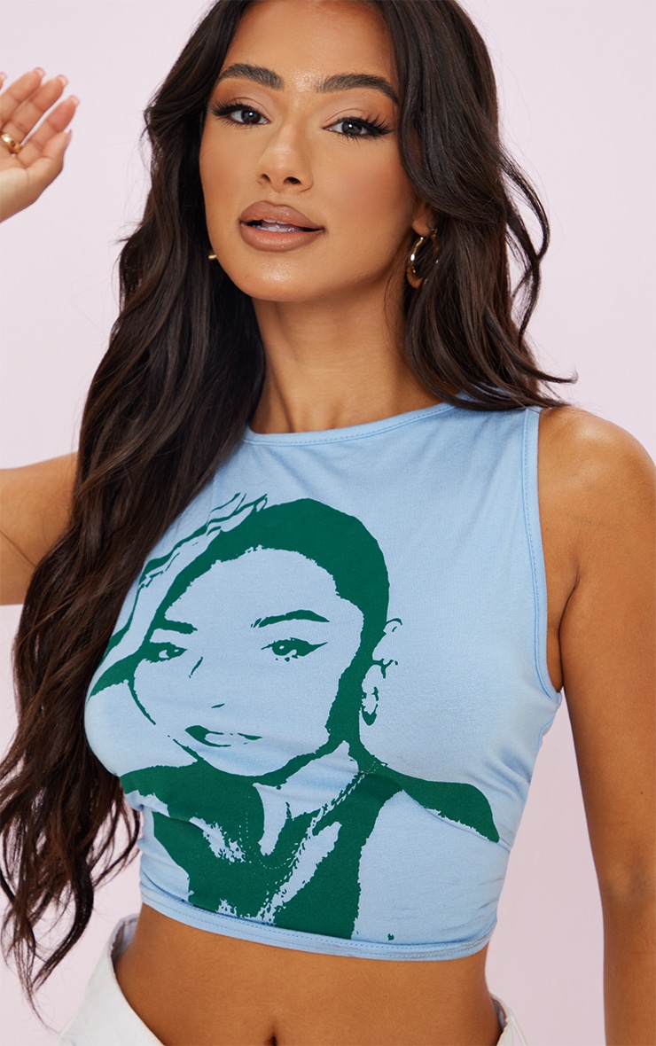 Petite Baby Blue Face Print Sleeveless Crop Top | Petite | PLT IRE