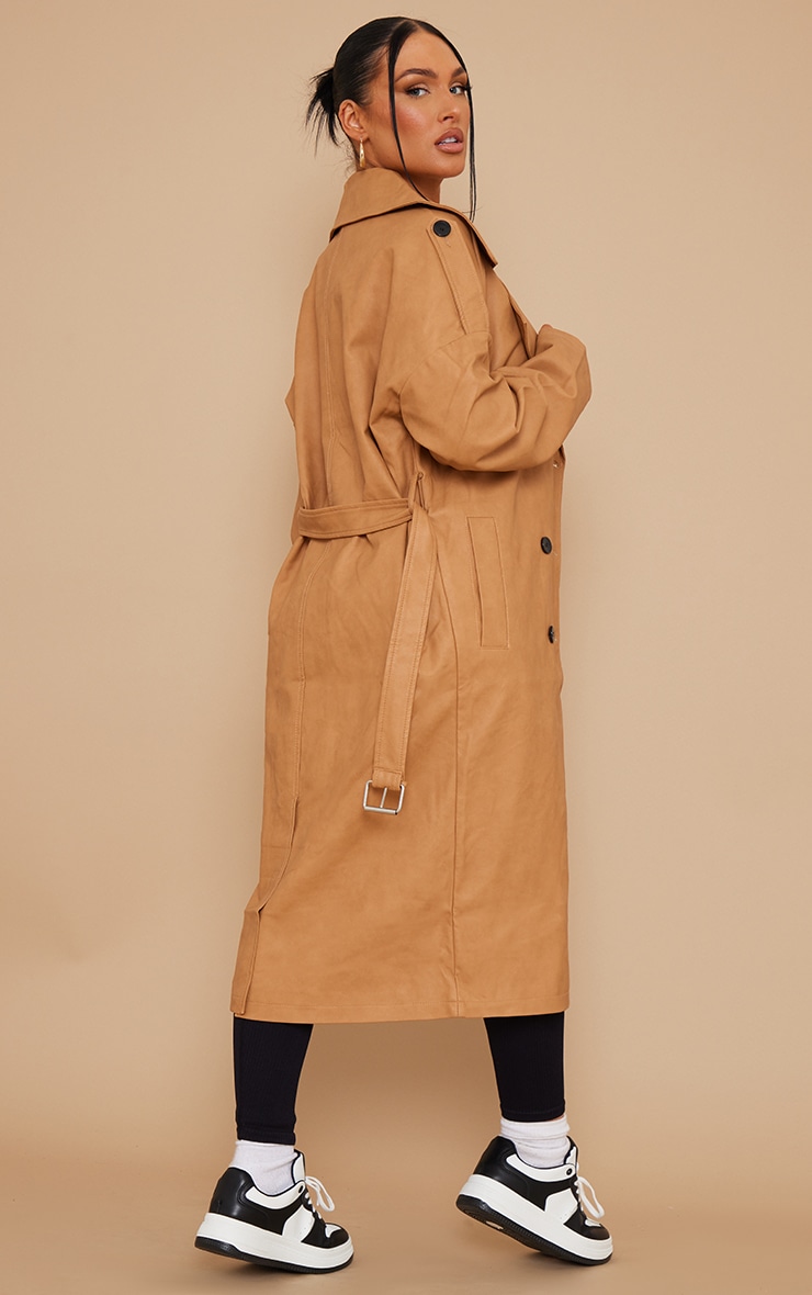 Camel Faux Leather Drop Arm Midi Trench | Outerwear | PLT
