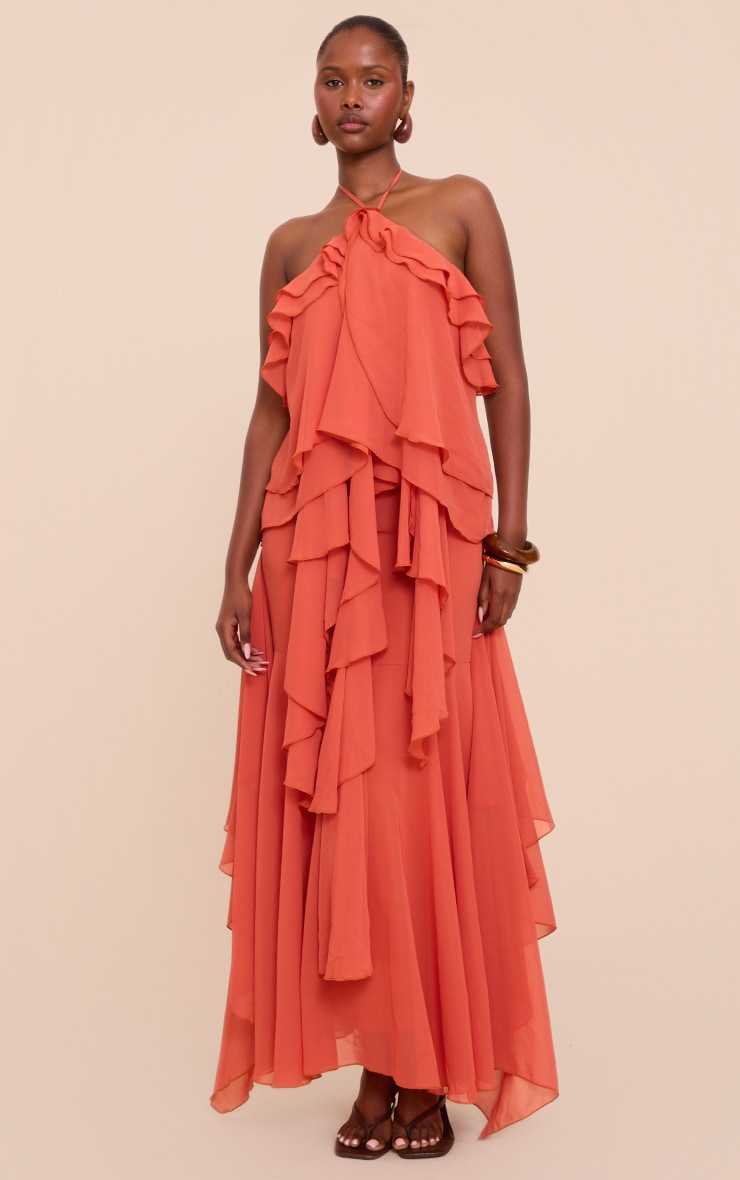 Orange Chiffon Frill Halterneck Floaty Maxi Dress | Dresses ...
