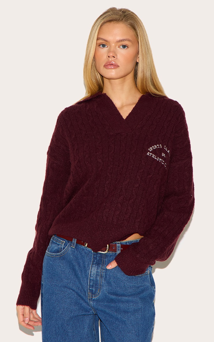 Burgundy Cable Knit Embroidered Collar Jumper | Knitwear | PrettyLittleThing CA