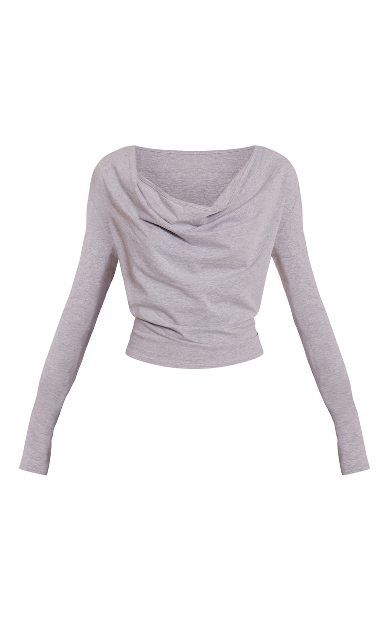 Grey Marl Cowl Neck Shoulder Pad Long Sleeve Top | Tops | PLT