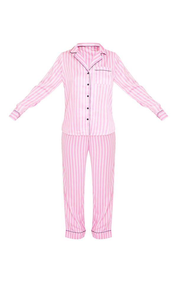 Baby Pink Stripe Contrast Piping Satin Long PJ Set | Lingerie ...
