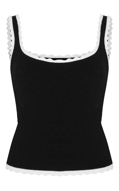 Petite Black Knitted Scallop Edge Scoop Tank Top | Petite | PLT