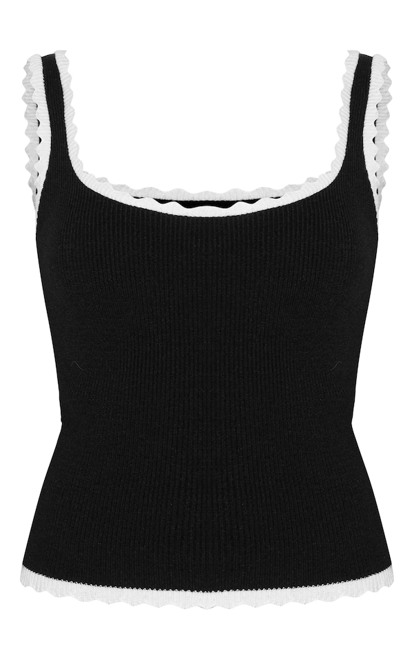 Petite Black Knitted Scallop Edge Scoop Tank Top | Petite | PLT