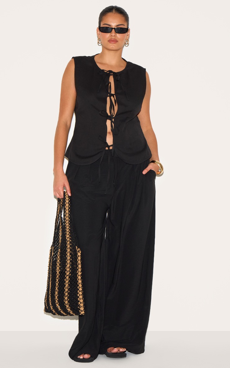 Plus Black Linen Tie Front Waistcoat | Plus Size | PLT