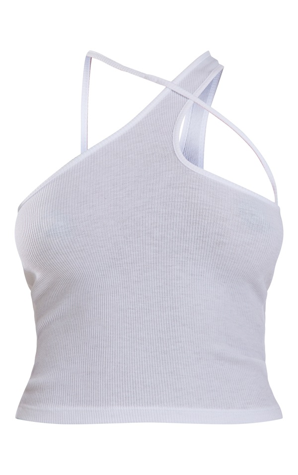 White Soft Rib Asymmetric Strap Detail Crop Top | Tops | PLT