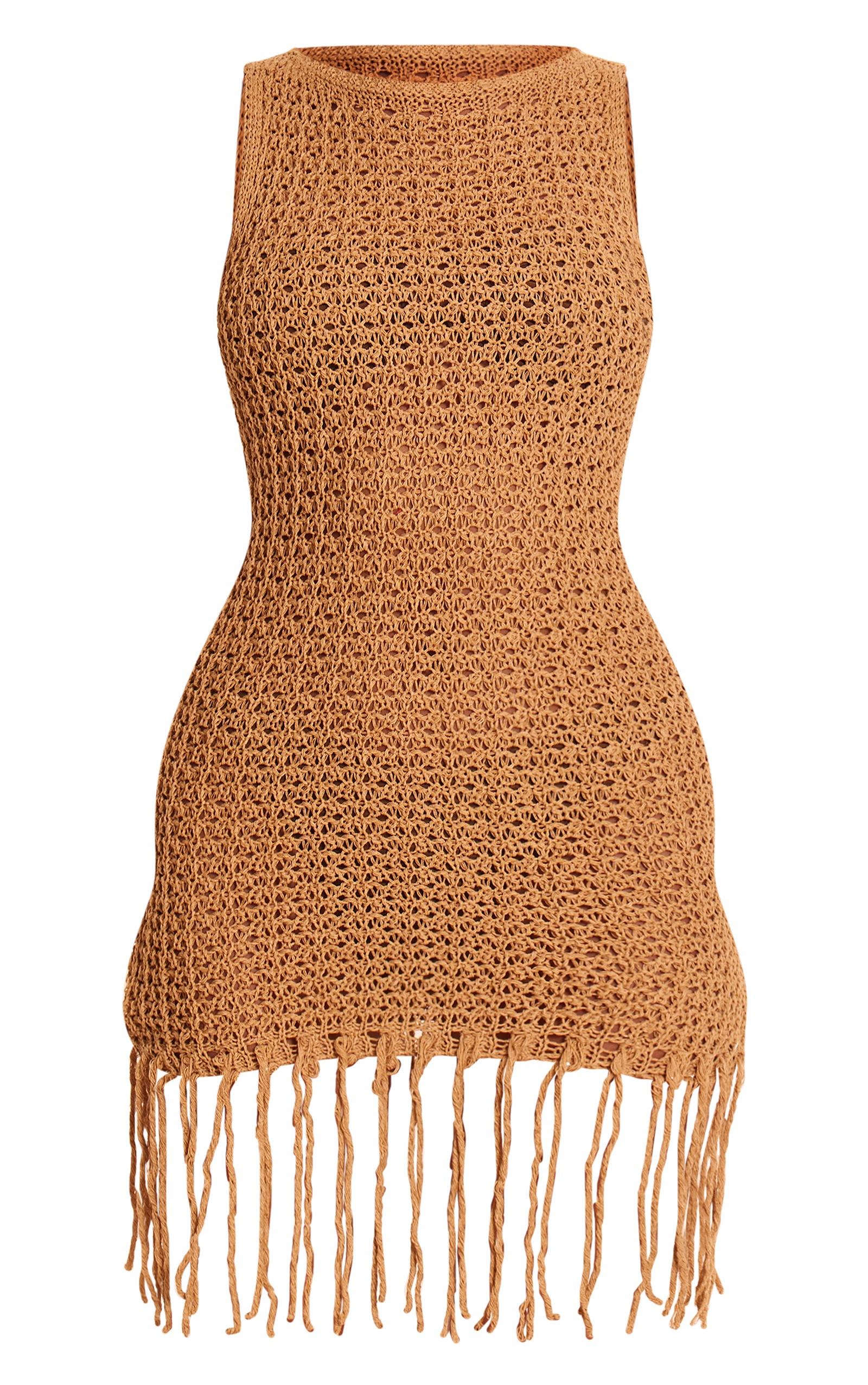 Beige Crochet Boat Neck Tassel Mini Dress | Knitwear ...