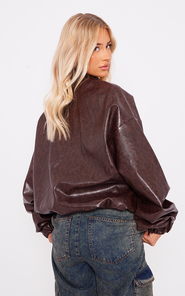 Brown Textured PU Pocket Front Bomber Jacket | Outerwear | PLT
