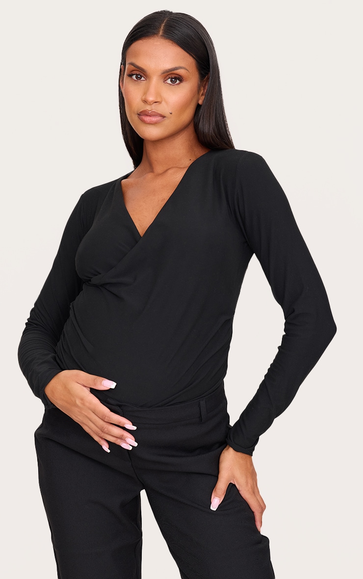 Maternity Black Ruched Long Sleeve Longline Top | Maternity ...