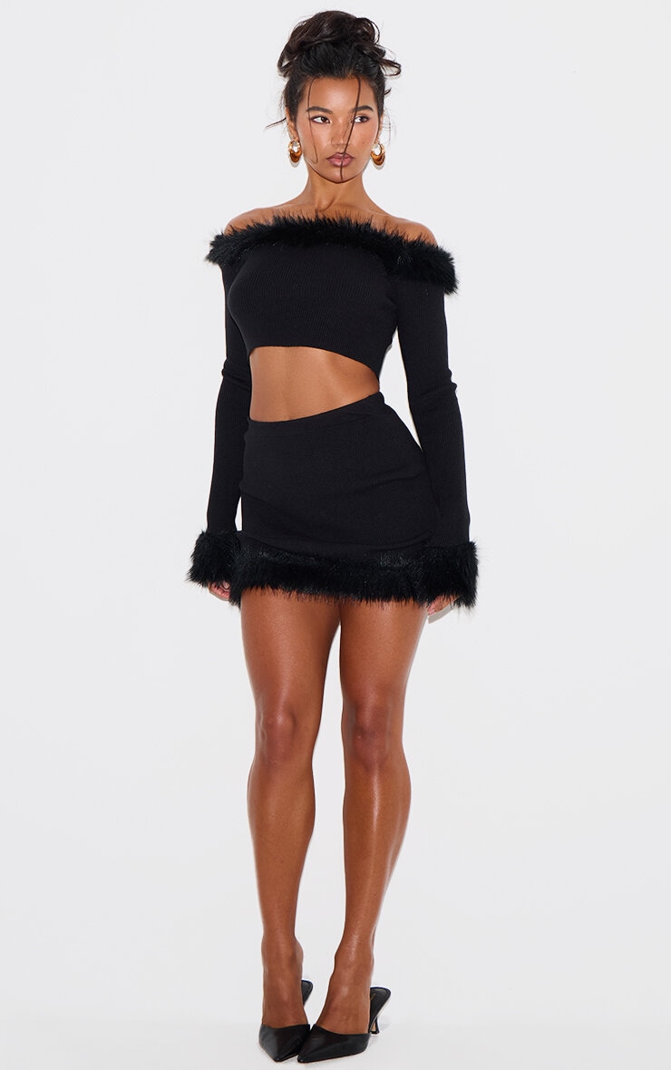 -jupe En Maille Tricot Côtelée Noire À Bordure En Fausse Fourrure ...