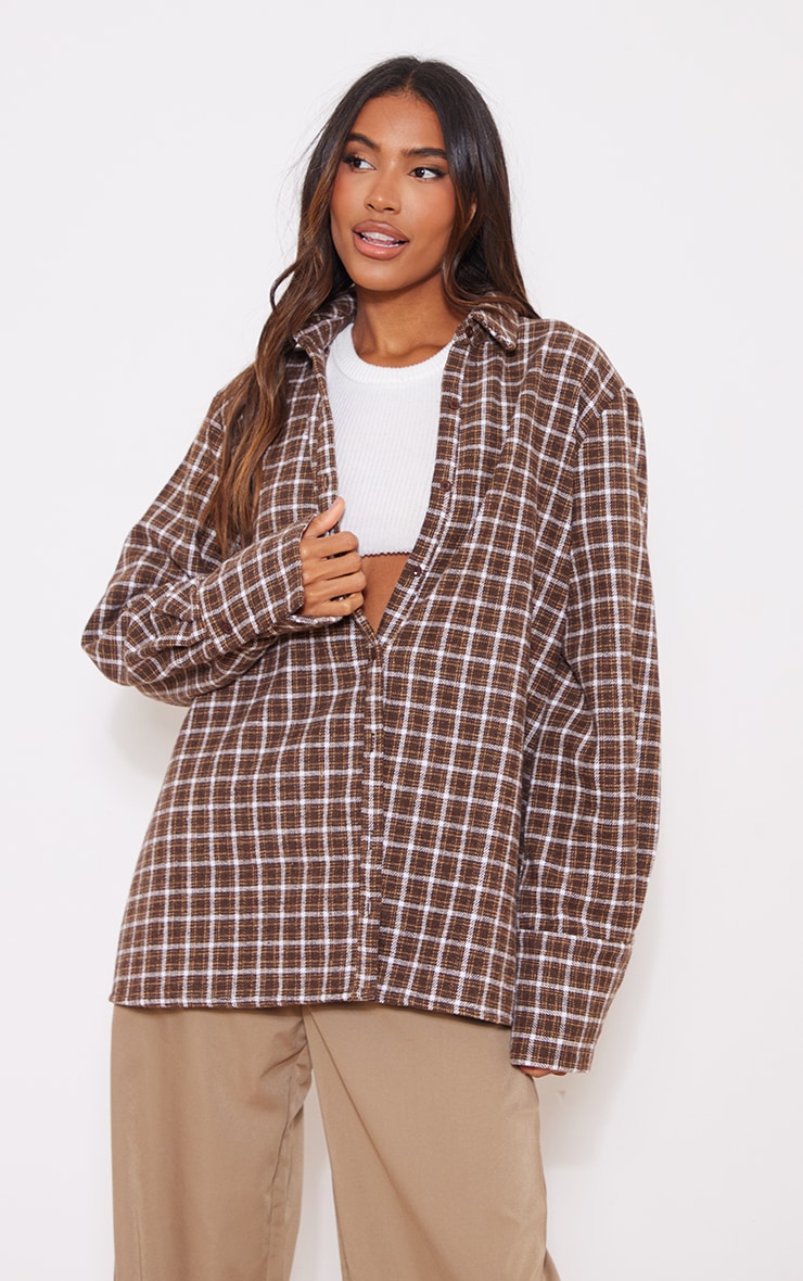 Chocolate Check Oversized Cuff Flannel Shirt | Tops | PrettyLittleThing USA