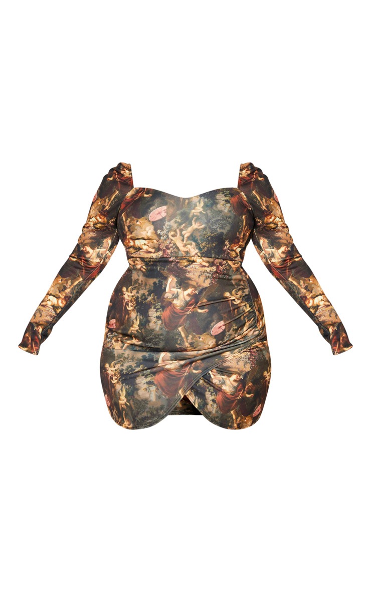 Plus Multi Renaissance Puff Shoulder Bodycon Dress | Plus Size | PLT