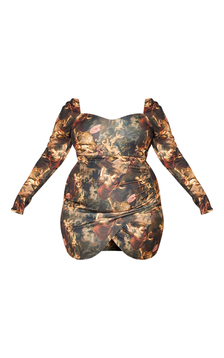 Plus Multi Renaissance Puff Shoulder Bodycon Dress | Plus Size | PLT