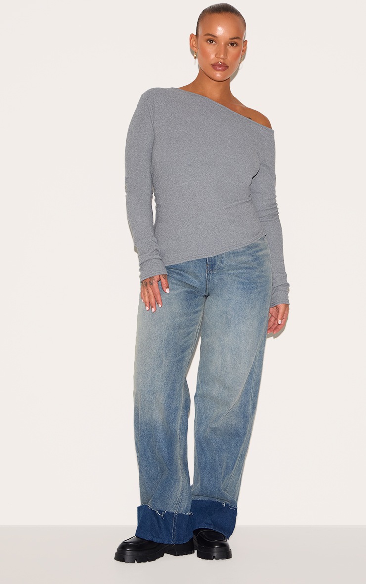 Plus Grey Bardot Soft Touch Rib Long Sleeve Top | Plus Size | PLT USA