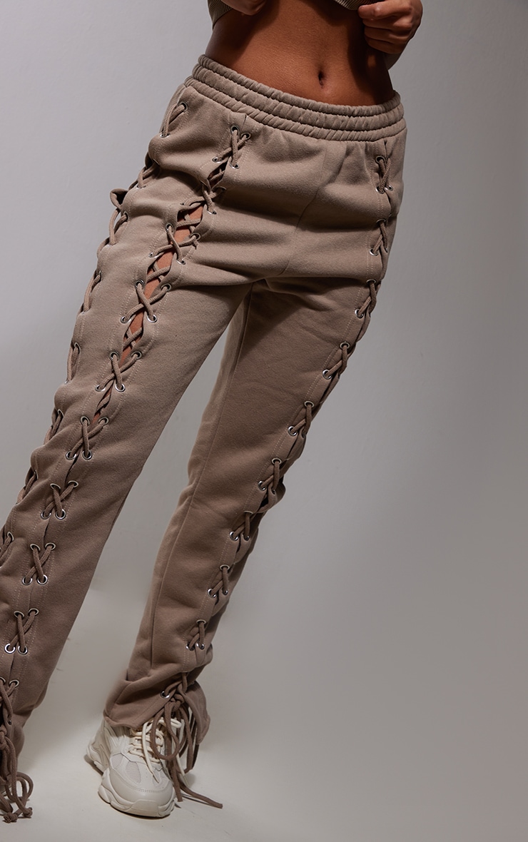 Taupe Lace Up Side Detail Oversized Sweatpants | Athleisure ...