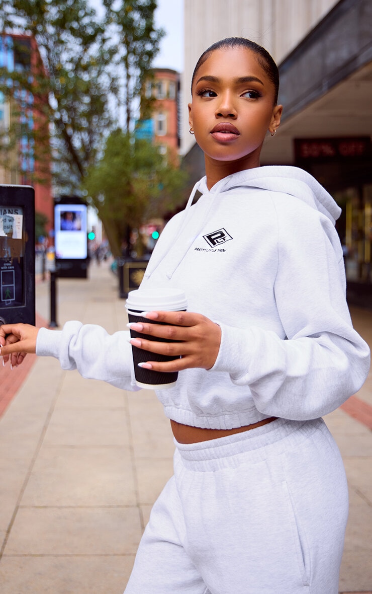 PLT Grey Marl Embroidered Cinched Waist Crop Hoodie | Sweat | PrettyLittleThing USA