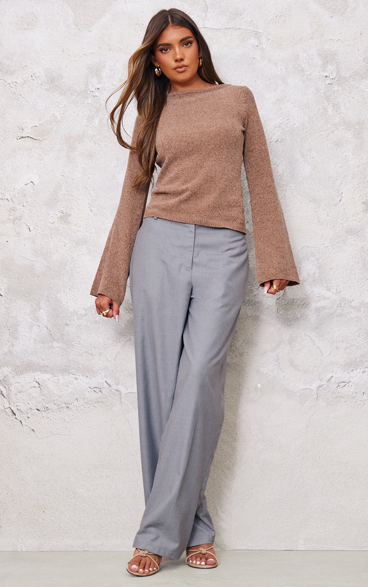 Taupe Soft Textured Knit Open Back Top | Knitwear | PrettyLittleThing USA