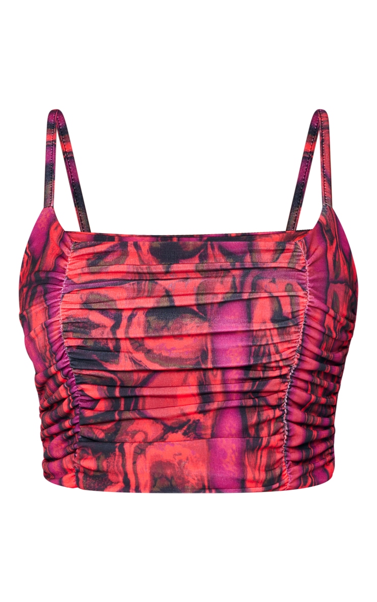 Hot Pink Abstract Slinky Ruched Strappy Crop Top | Co-ords | PLT