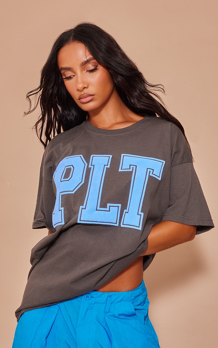 PRETTYLITTLETHING Charcoal Varsity Printed T Shirt | Tops | PLT IRE