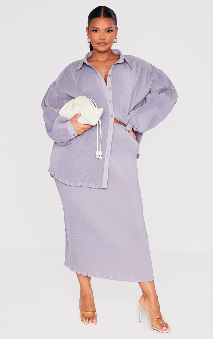 Plus Light Grey Plisse Midi Skirt | PrettyLittleThing KSA