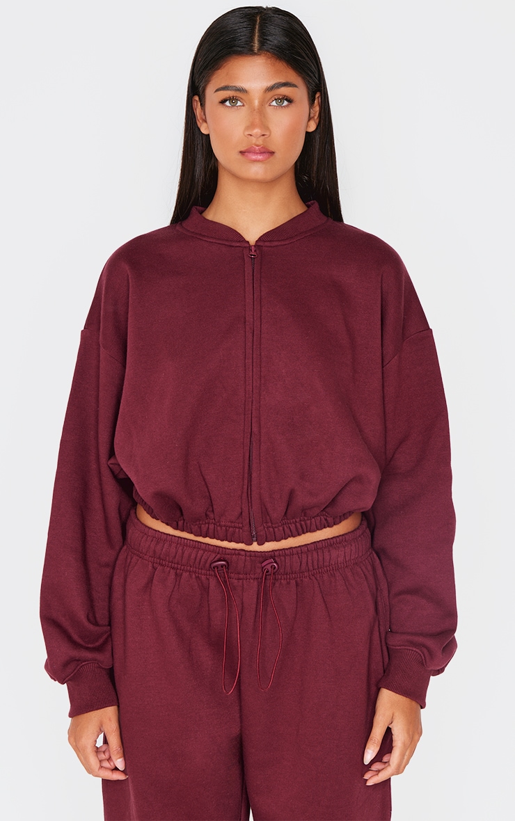 Burgundy Drawcord Waist Cropped Zip Up Sweatshirt | Athleisure | PLT USA