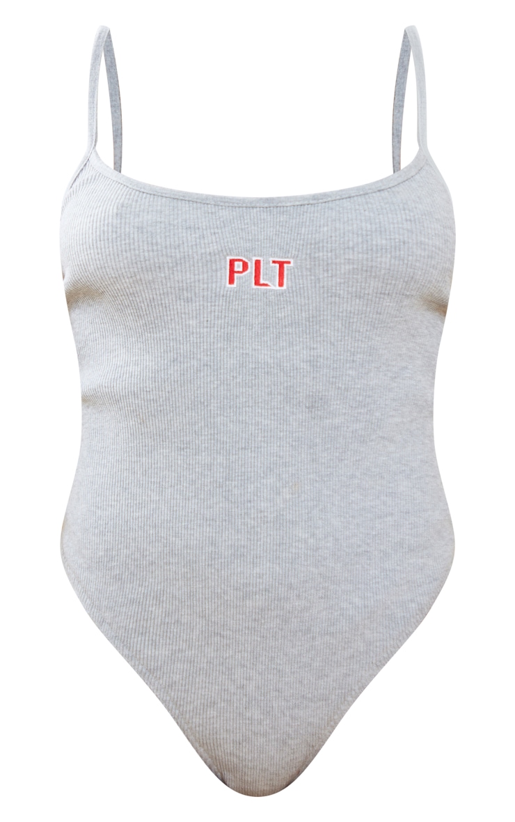 Plt Ash Grey Embroidered Ribbed Strappy Bodysuit | PrettyLittleThing USA