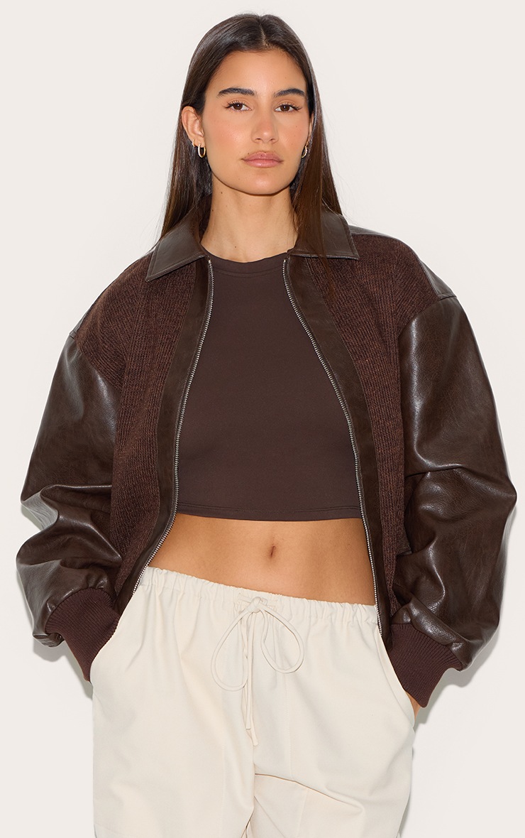Brown Faux Leather Contrast Jacket | Outerwear | PrettyLittleThing