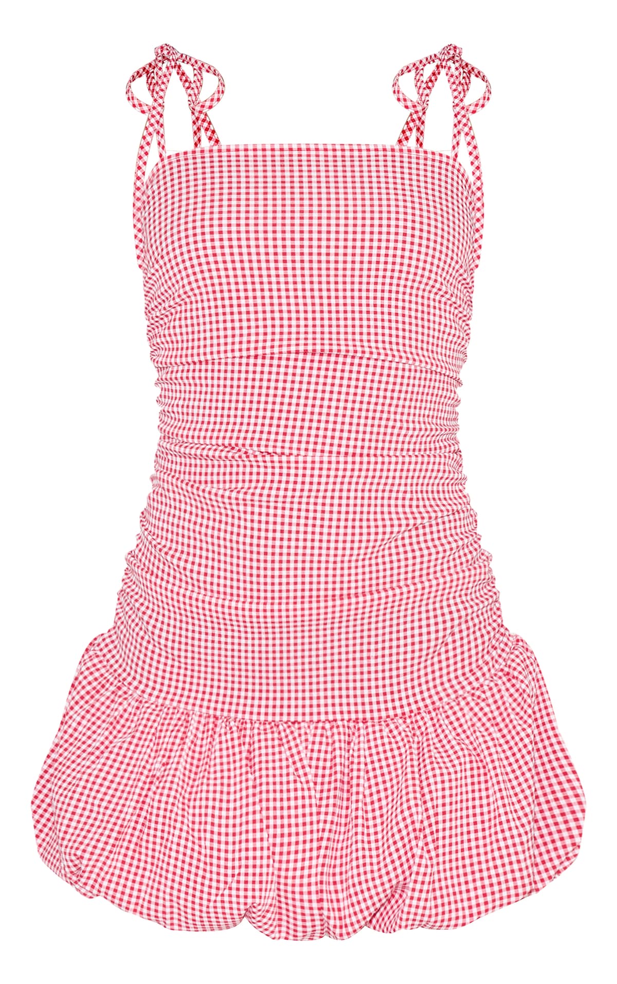 Red Check Ruched Detail Strappy Puffball Dress | Dresses | PLT