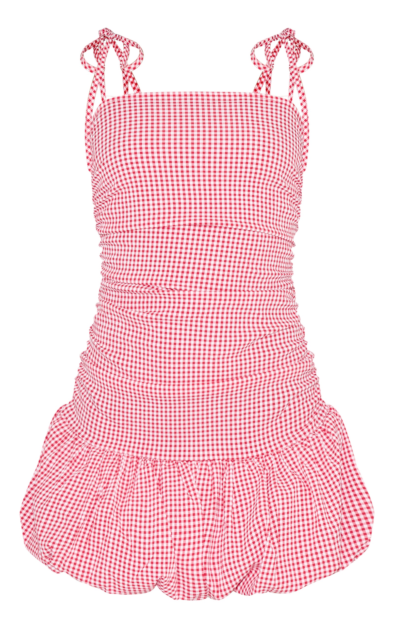 Red Check Ruched Detail Strappy Puffball Dress | Dresses | PLT USA