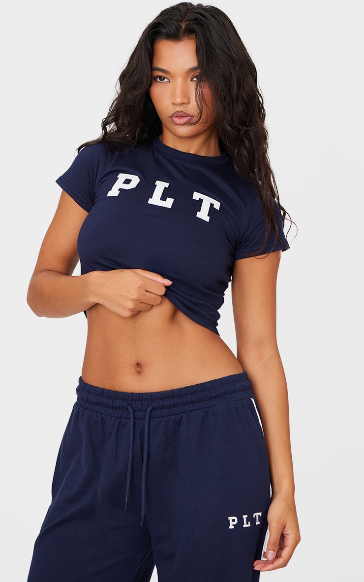 PRETTYLITTLETHING Navy Fitted T Shirt | Sweat | PrettyLittleThing CA