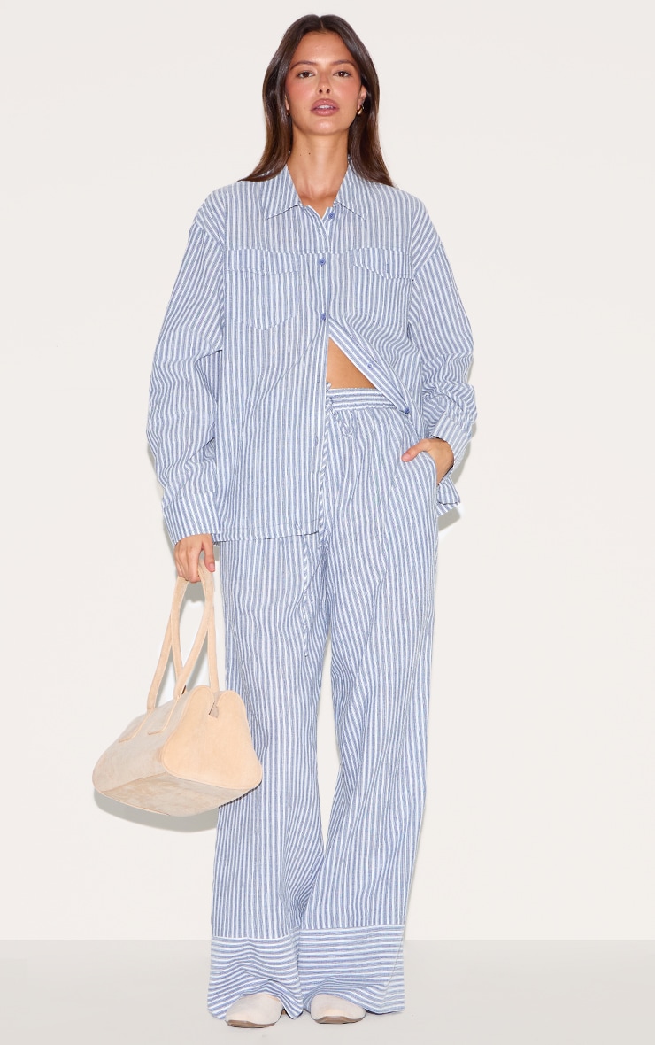 Blue Striped Linen Drawstring Wide Leg Trousers | Co-ords | PLT