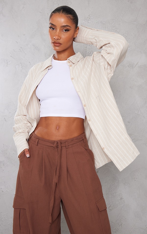 Beige Lightweight Thin Stripe Oversized Shirt | Tops | PLT
