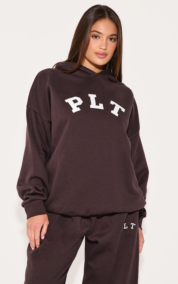 PLT Chocolate Contrasting Logo Oversized Hoodie | Athleisure | PrettyLittleThing USA