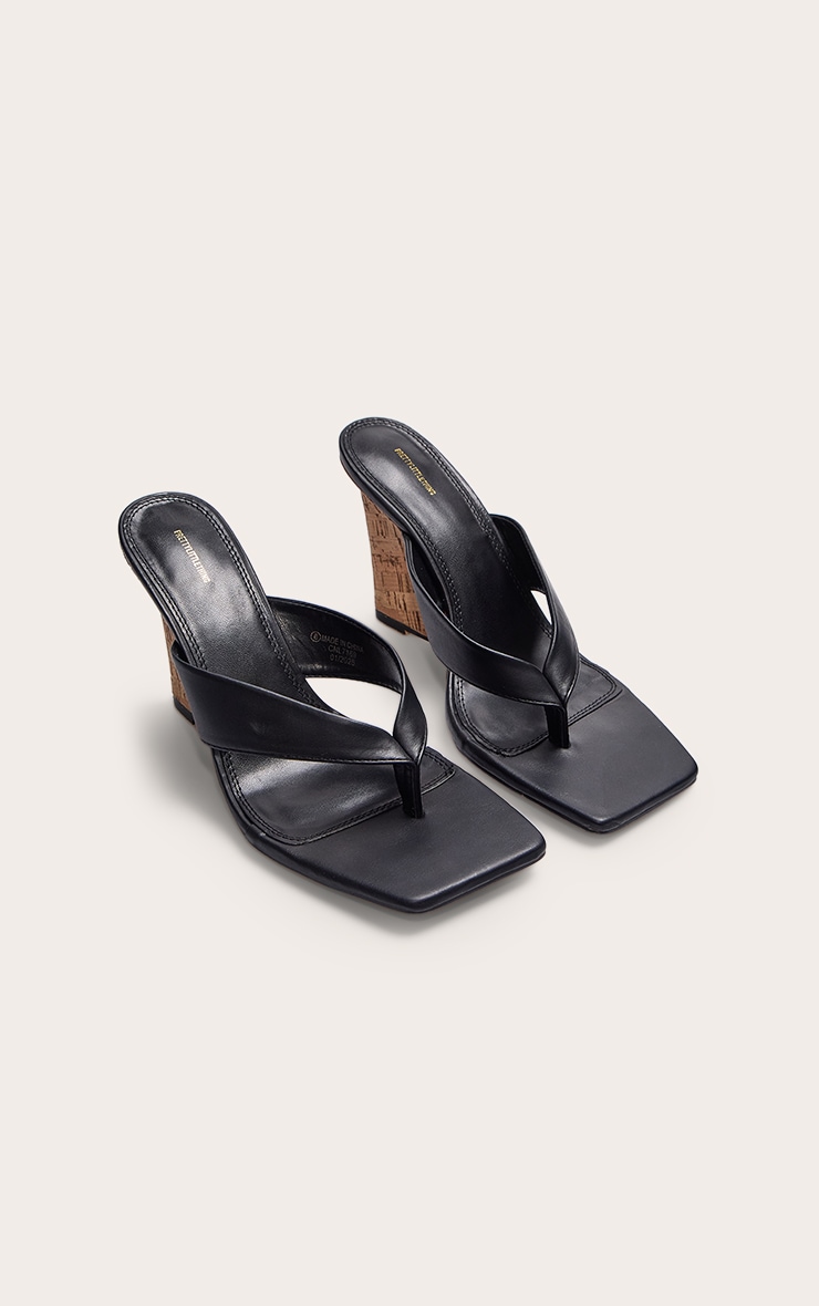 Black Pu Round Toe Thong Heeled Wedges | Footwear | PLT